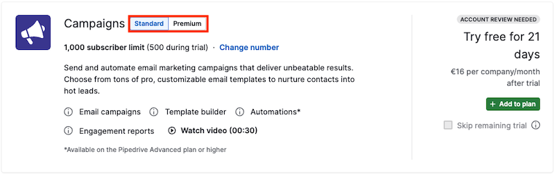 Campaigns: add-on tiers - Knowledge Base | Pipedrive